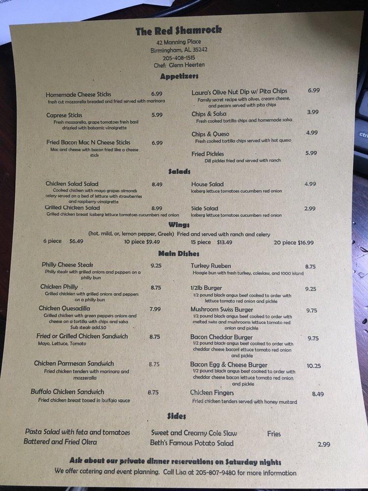 Carta de The Red Shamrock Pub, Birmingham