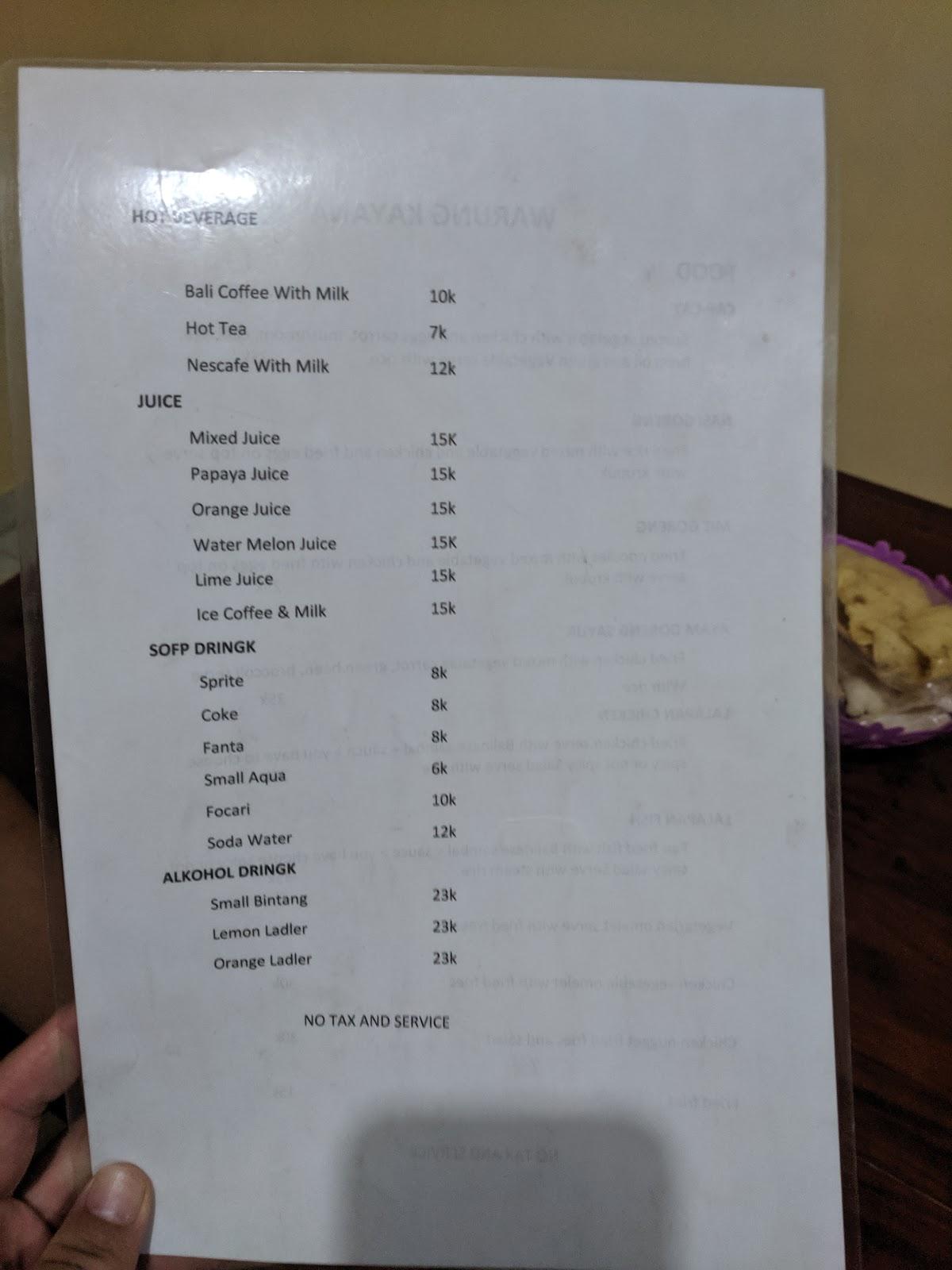 Menu at Warung Kayana restaurant, Sengkidu