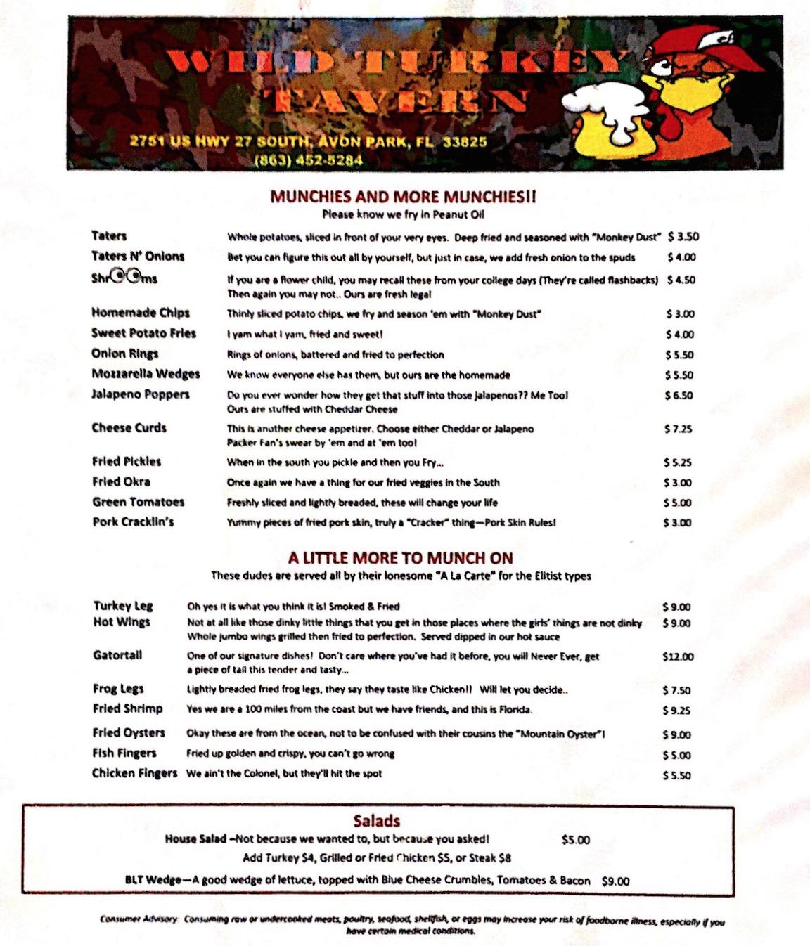 Menu at Wild Turkey Tavern pub & bar, Avon Park