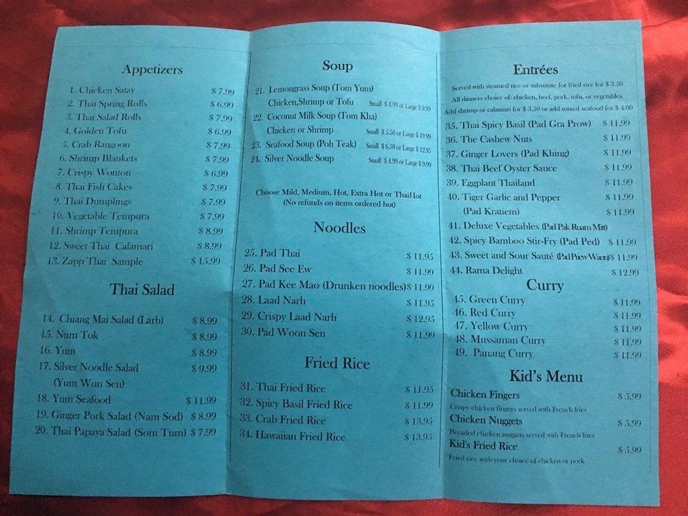 Menu at Zapp Thai Restaurant, Greenfield