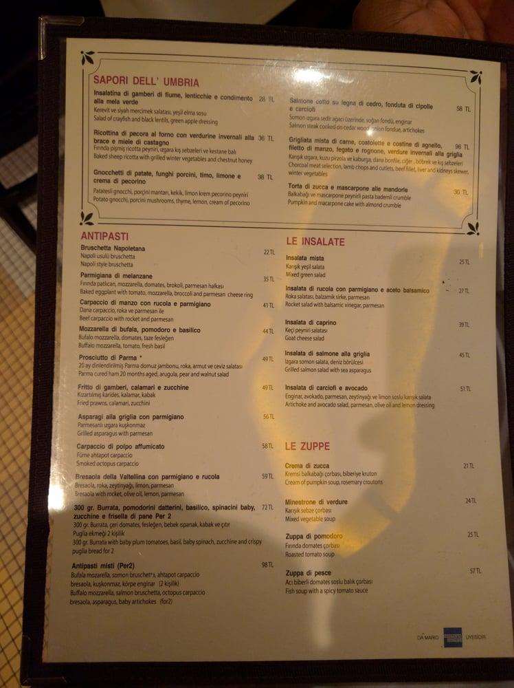 Menu at Da Mario, Istanbul, Etiler