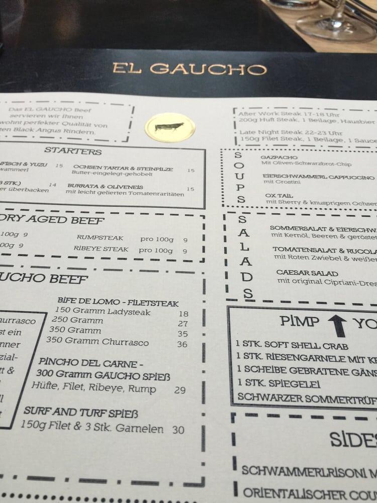 Menu at EL GAUCHO steakhouse, Vienna, Praterstraße 1