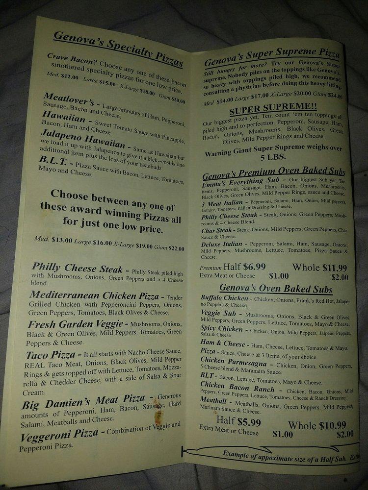 Menu at Genova’s pizza pizzeria, Marion
