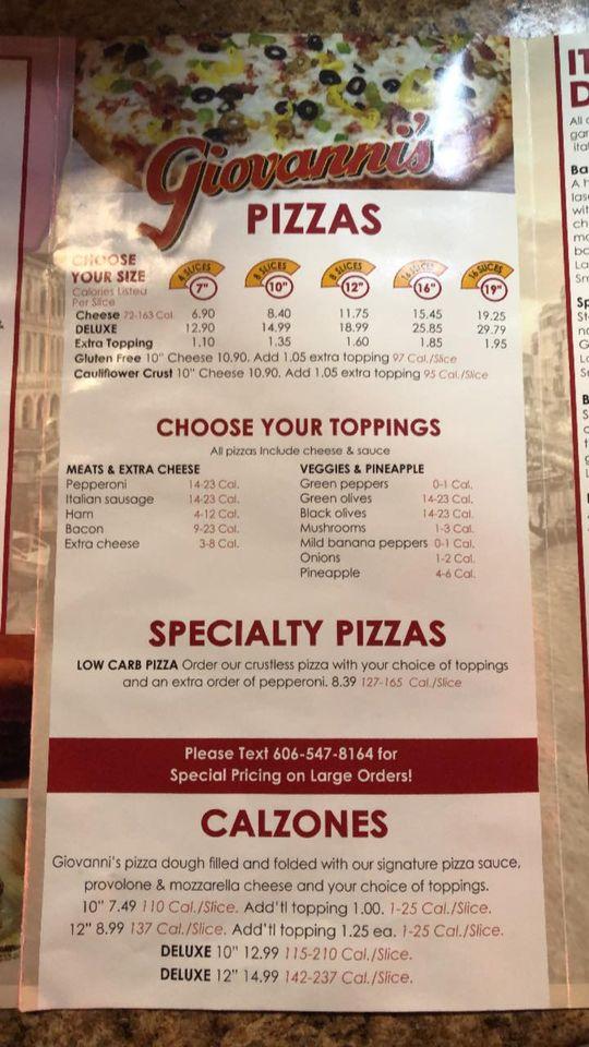 Menu at Giovanni's Pizza pizzeria, Pikeville, 218 S Mayo Trail