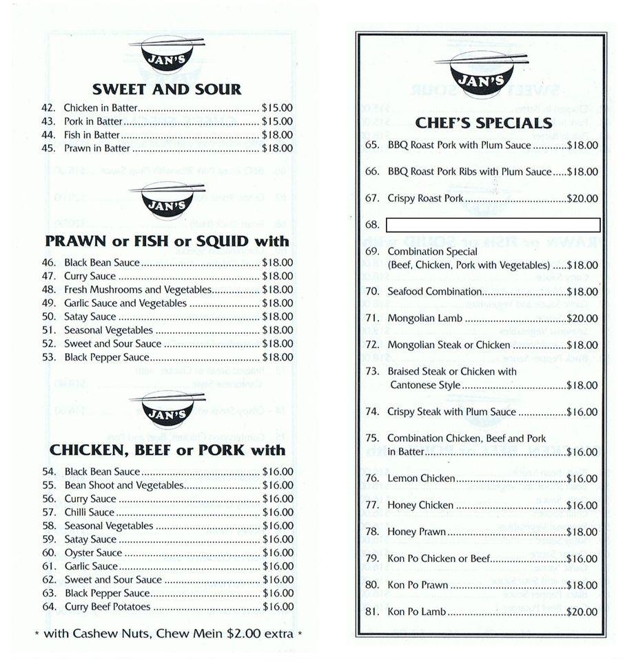 Menu at Lara Jan's Chinese Take Away fast food, Lara