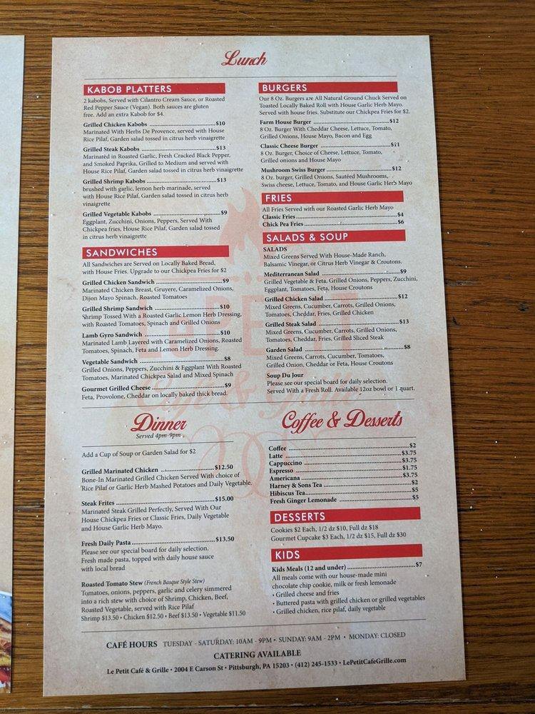 Menu at Le Petit Cafe & Grille, Pittsburgh, E Carson St
