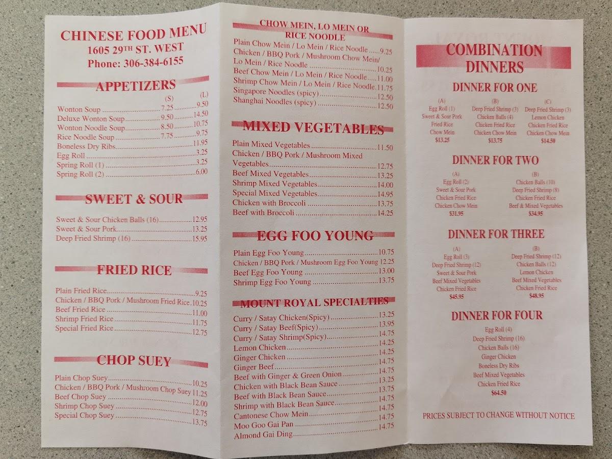Menu at Mount Royal Restaurant, Saskatoon
