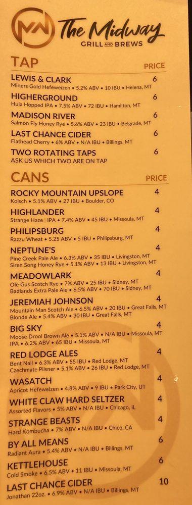 Menu at The Midway Grill and Brews steakhouse, Billings