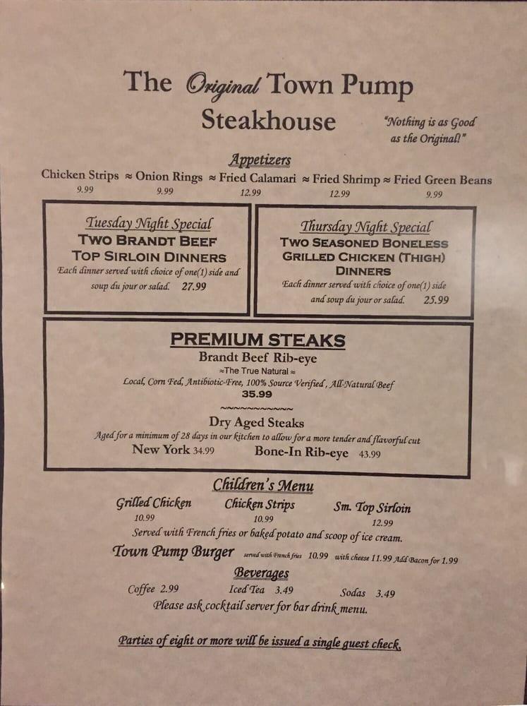 Menu at Town Pump Steakhouse, Westmorland