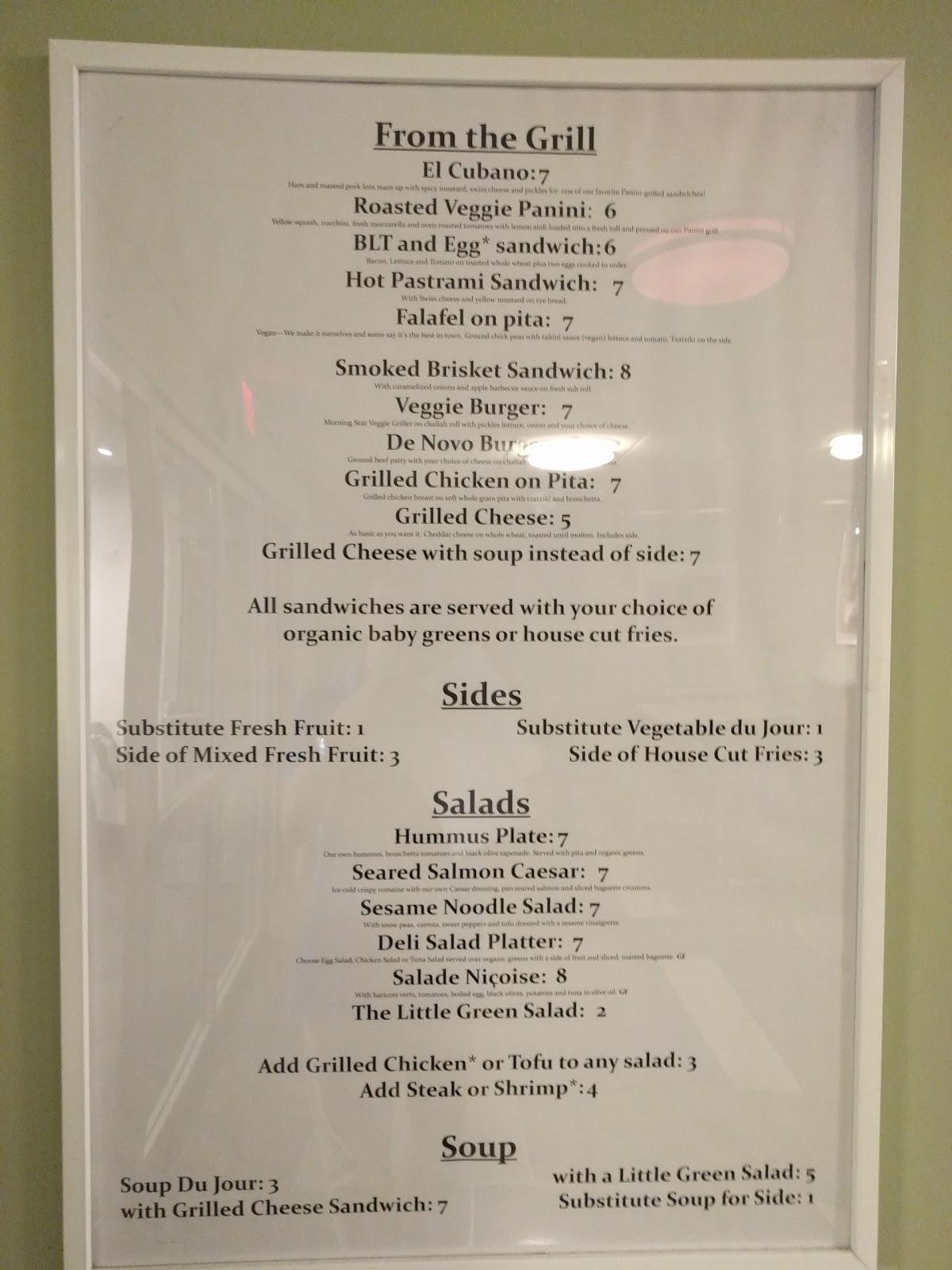Menu at Café De Novo cafe, Durham