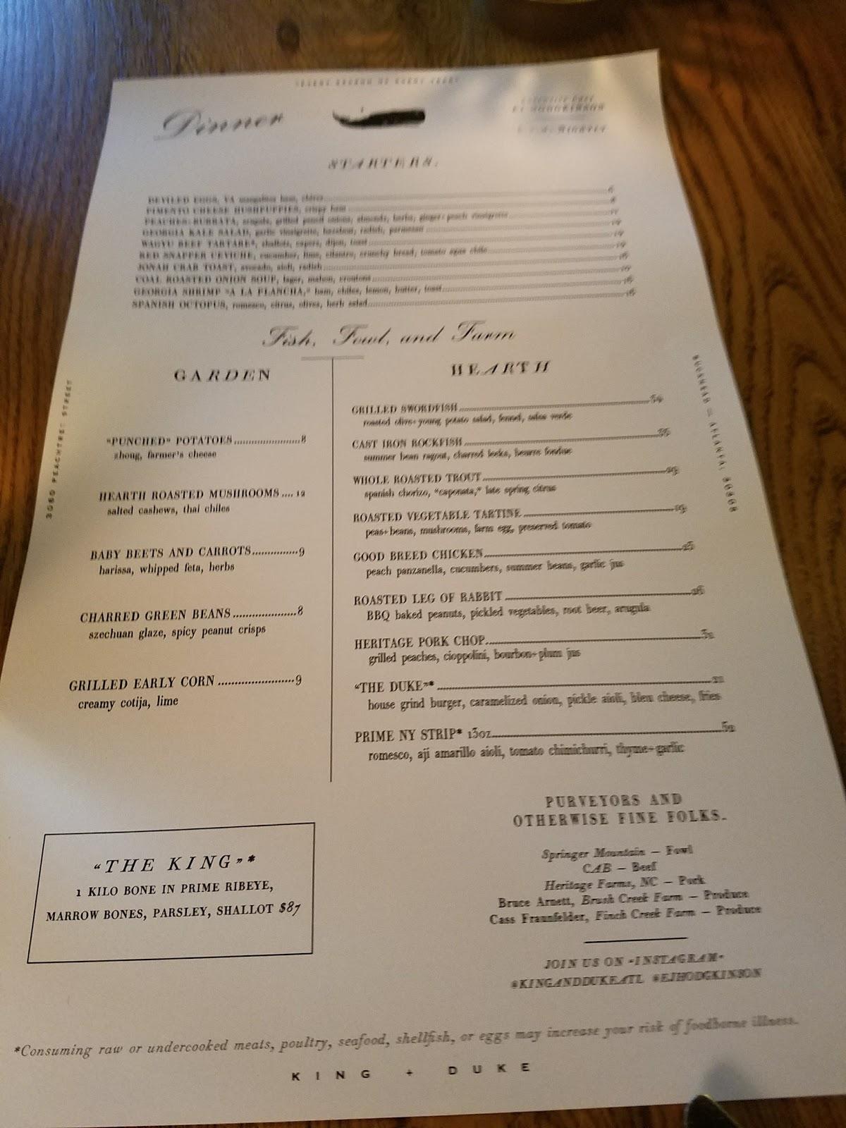 Menu at King + Duke restaurant, Atlanta, PEACHTREE RD NW at