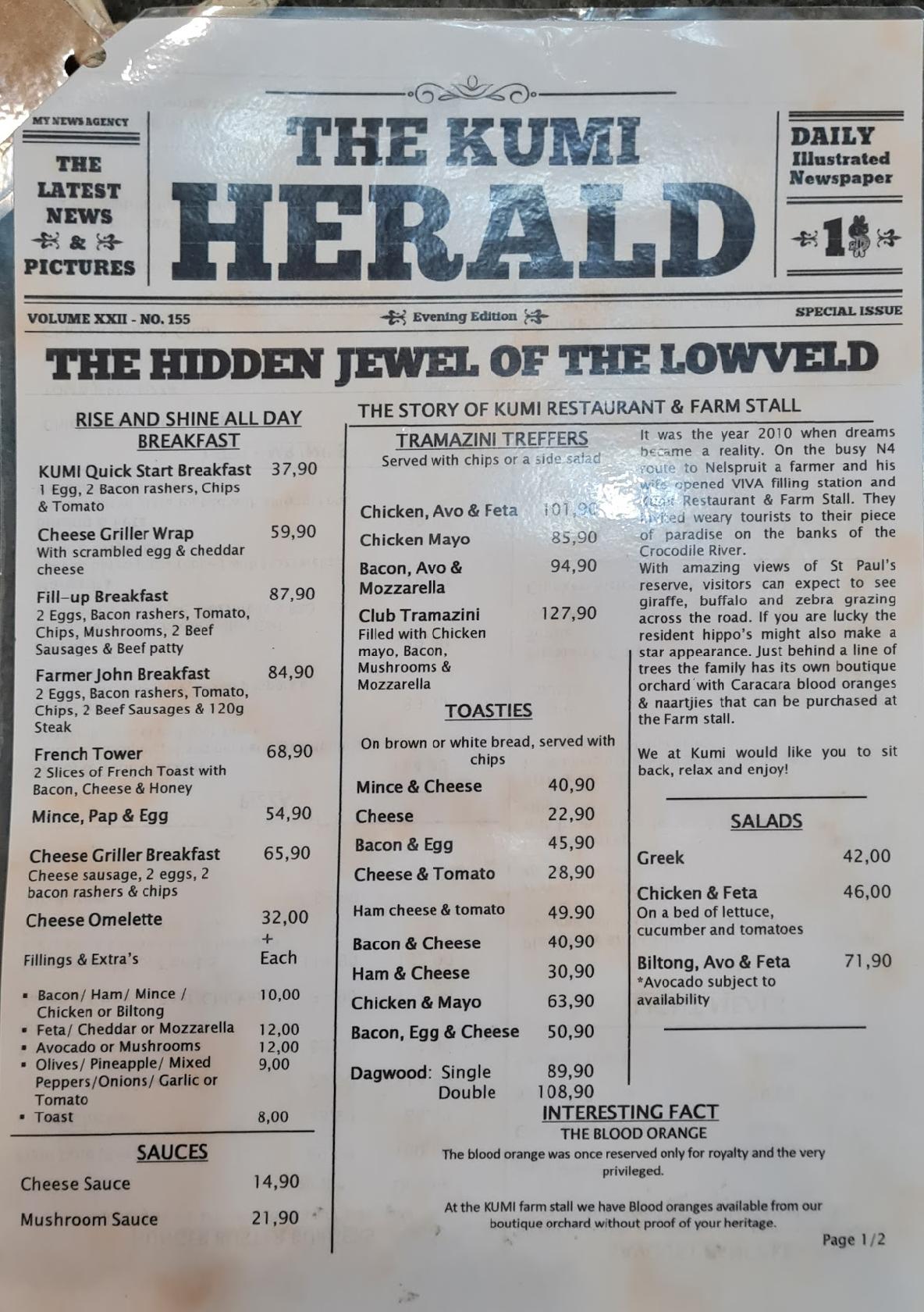 Menu at Kumi Restaurant, South Africa