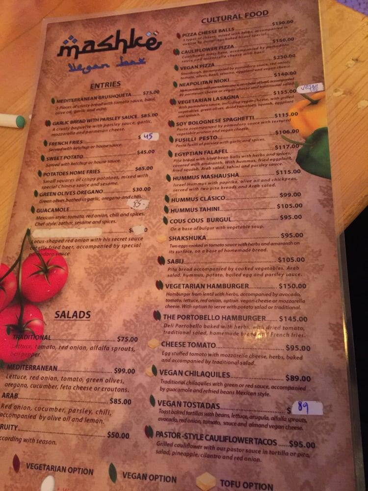Menu at Mashke Vegan Bar, Playa del Carmen