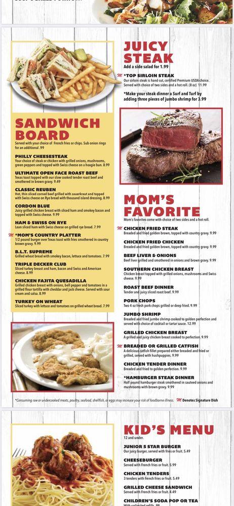 Menu at Mom's Family Diner (on Yale) restaurant, Tulsa, S Yale Ave