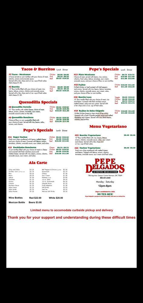 Menu at Pepe Delgados restaurant, Norman