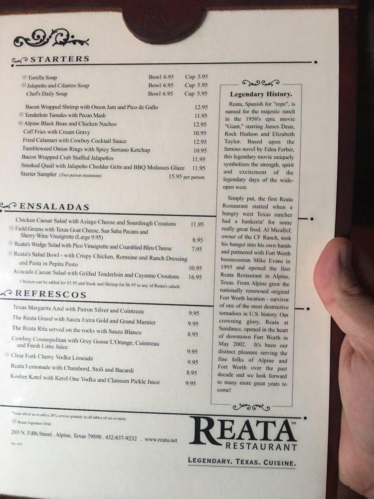 Menu at Reata Restaurant-Alpine, TX, Alpine