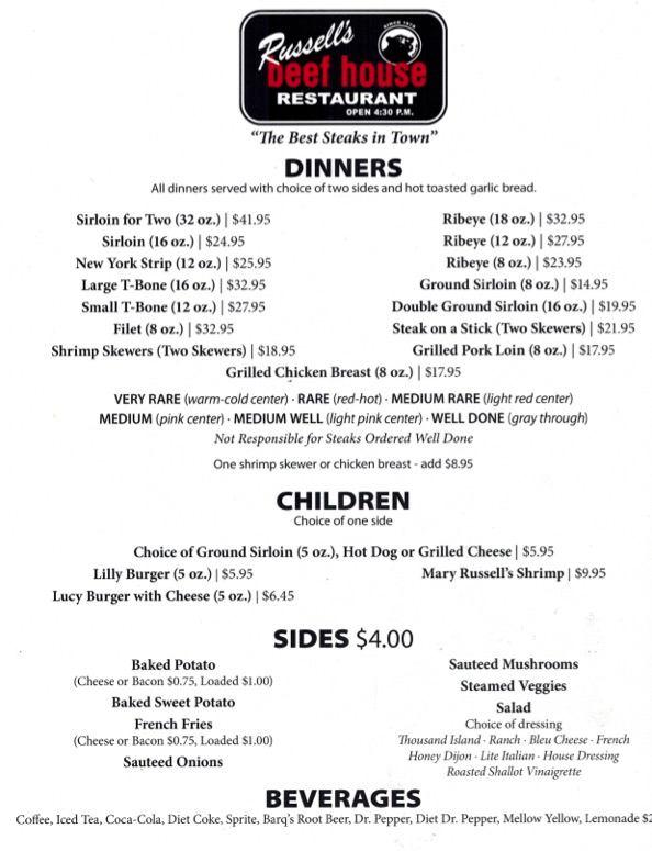 Menu at Russell’s Beef House steakhouse, Corinth