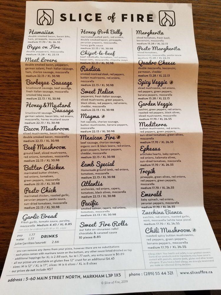Menu at Slice of Fire Pizza pizzeria, Markham