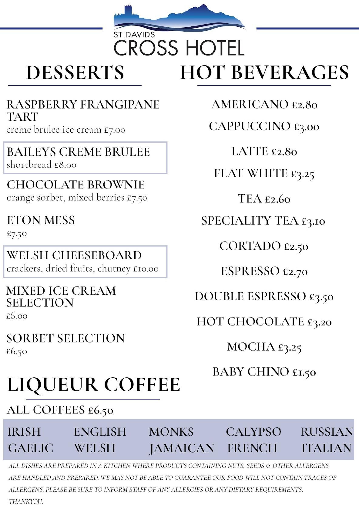 Menu at St. Davids Cross Hotel pub & bar, Saint Davids
