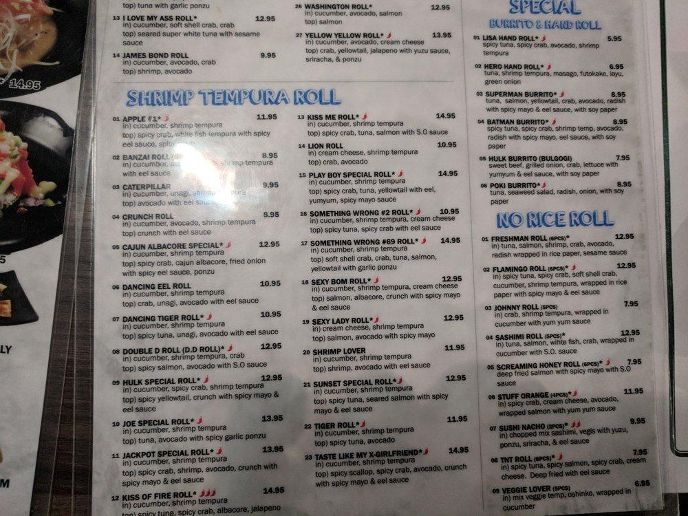 Menu at Sushi Hero restaurant, Las Vegas