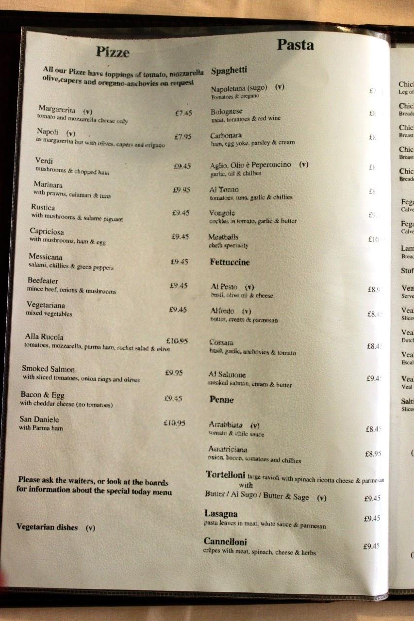Menu at Trattoria Verdi restaurant, London
