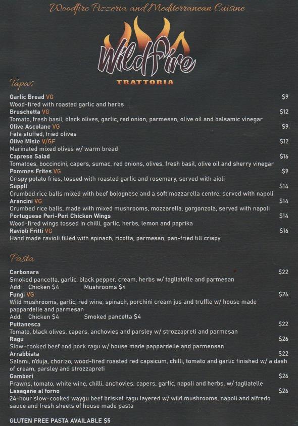 Menu at WILDFIRE TRATTORIA restaurant, Terranora