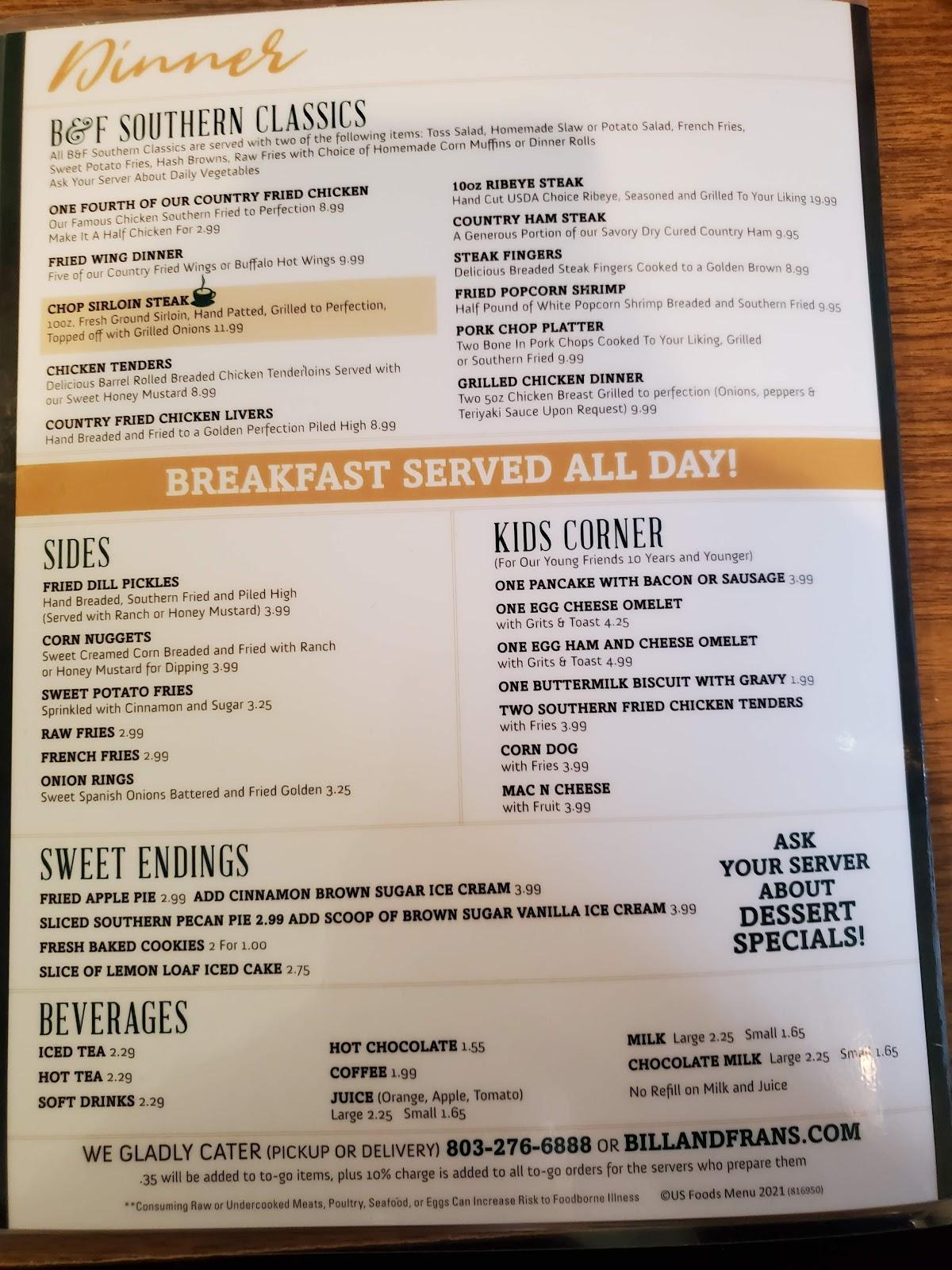 Menu at Bill & Fran's Restaurant, Newberry