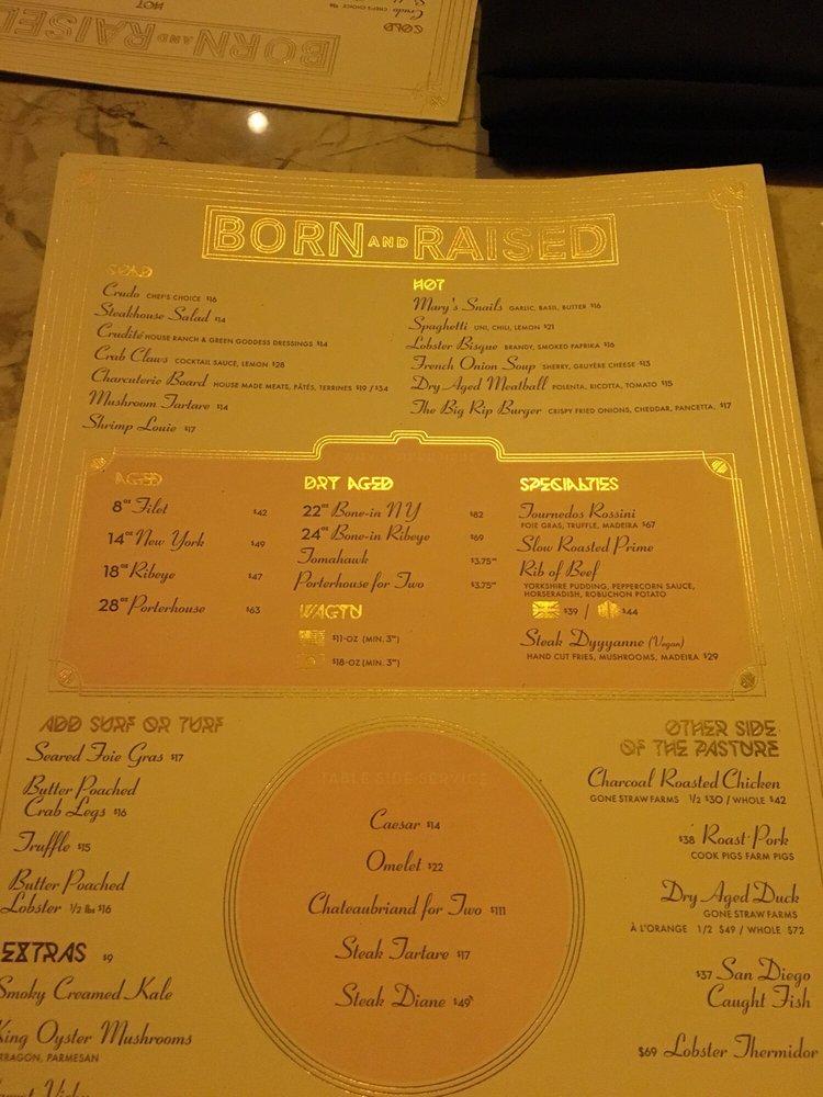 Menu at Born and Raised steakhouse, San Diego, India St