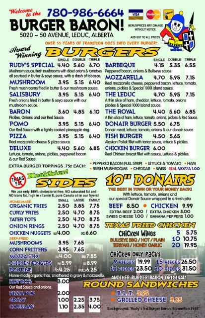 Menu at Burger Baron, Leduc, 50th Ave