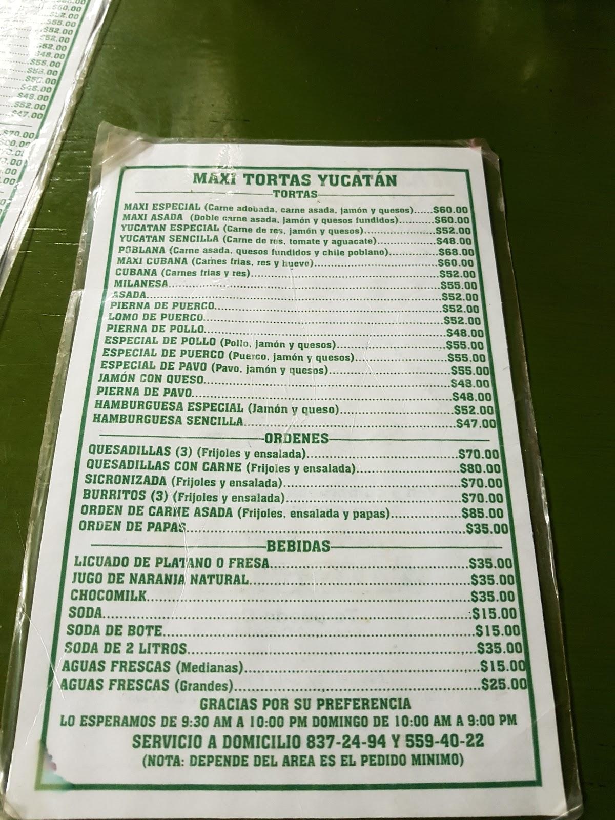 Carta de Maxi Tortas Yucatan - Casa Magna, Mexicali, Paterno 1365