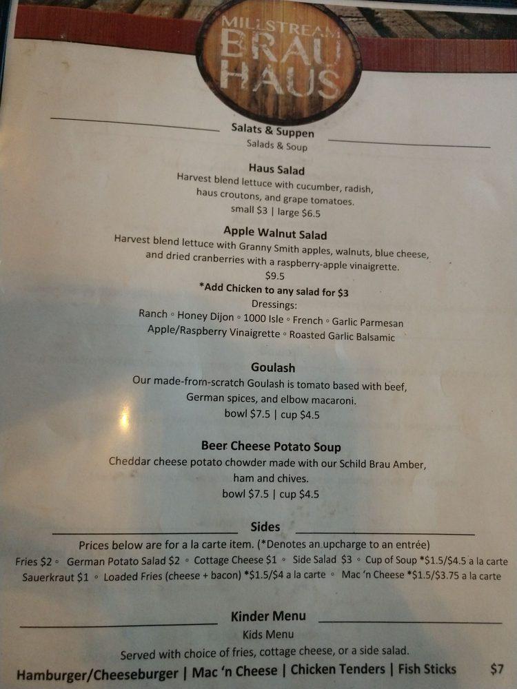 Menu at Millstream Brau Haus restaurant, Amana