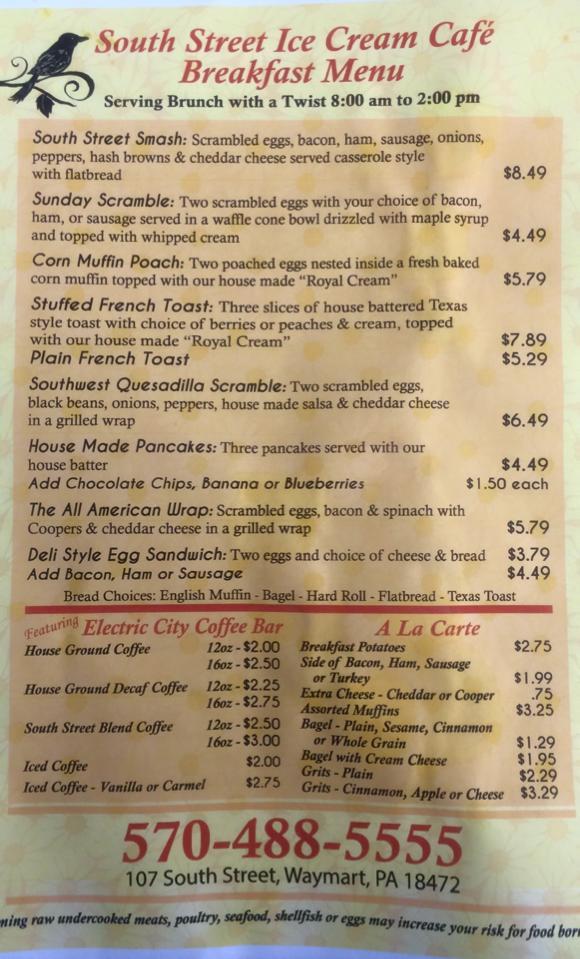 Menu at South Street Ice Cream Cafe, Waymart