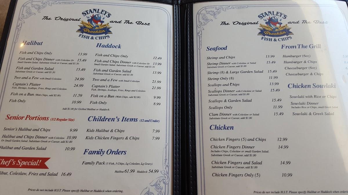 Menu at Stanley's restaurant, Whitby