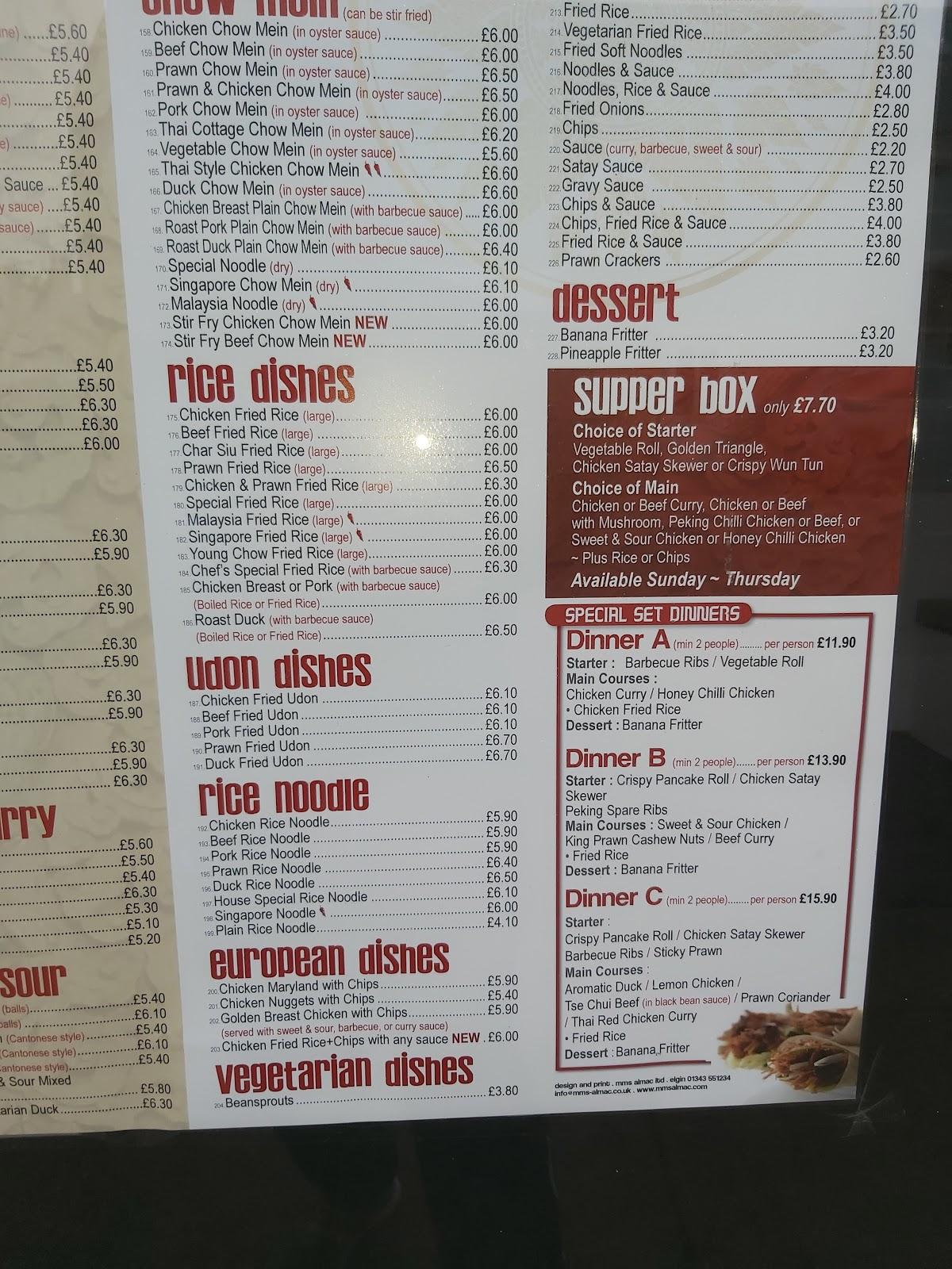 Menu at Thai Cottage restaurant, Lossiemouth