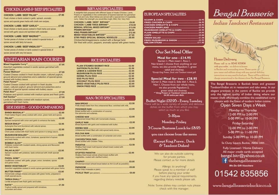 Menu at Bengal Brasserie Buckie restaurant, Buckie