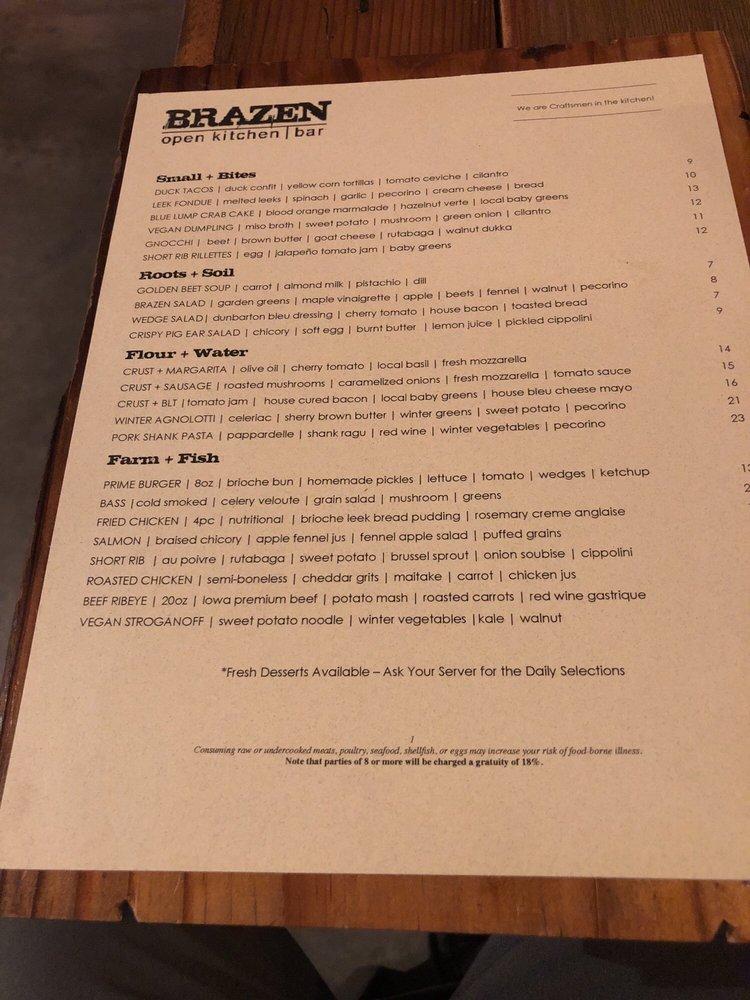 Menu at Brazen Open Kitchen Bar, Dubuque