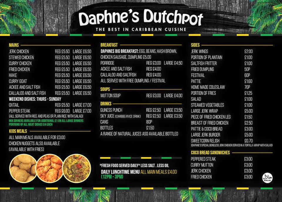 Menu at Daphnes Dutchpot restaurant, Birmingham