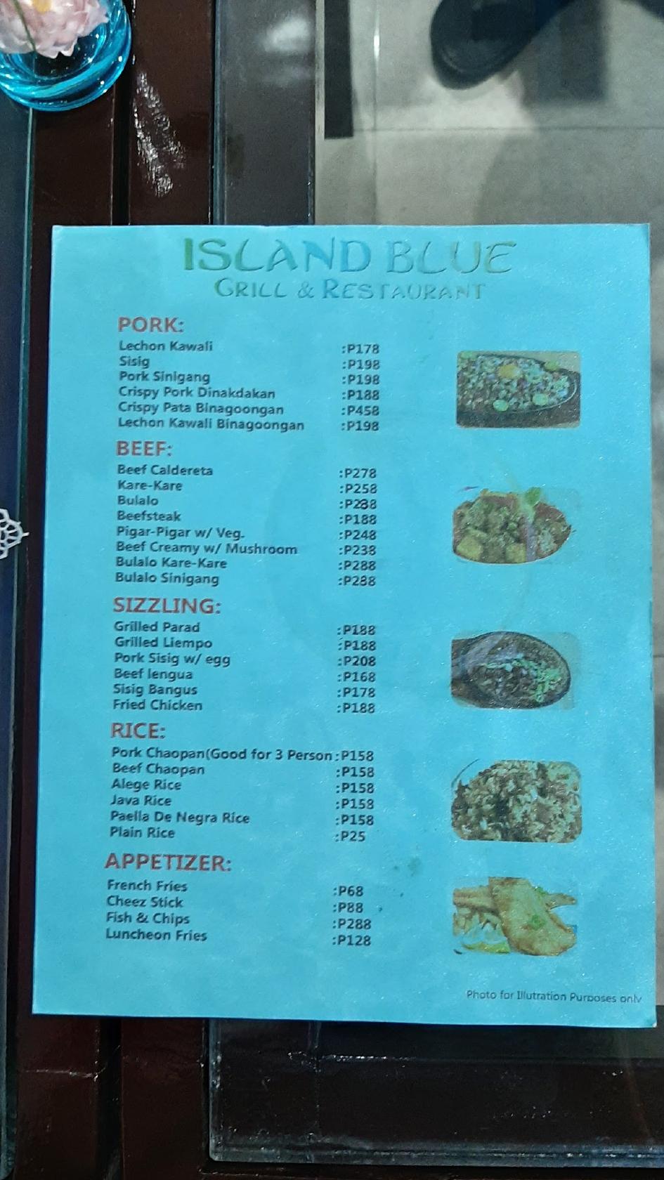 Menu at Island Blue Grill & Restaurant, Alaminos