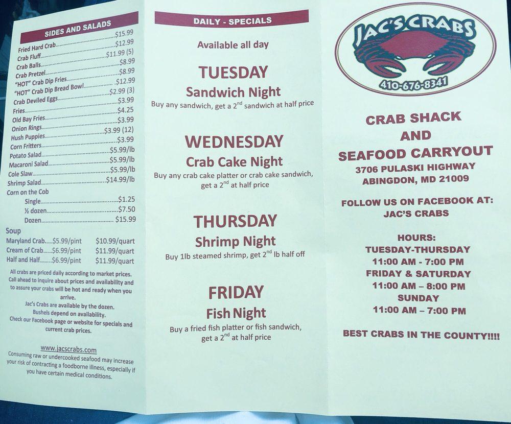 Menu at Jac's Crabs restaurant, Abingdon