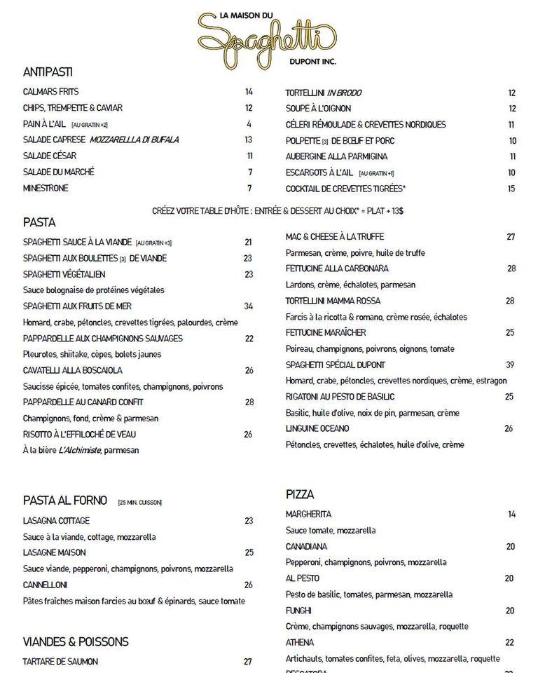 Menu au Maison Du Spaghetti Dupont Joliette restaurant, Joliette