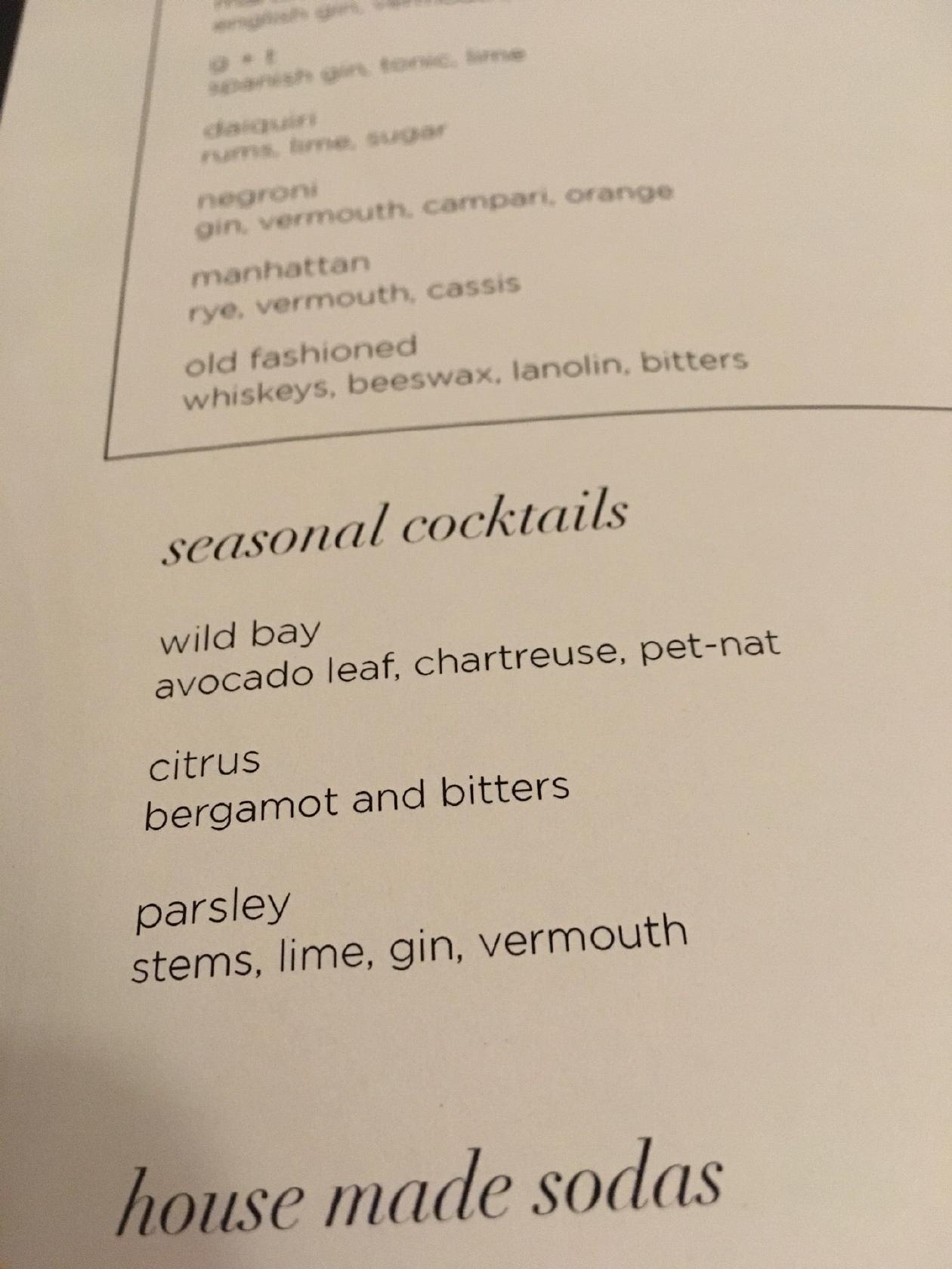 Menu at Oxalis restaurant, New York City