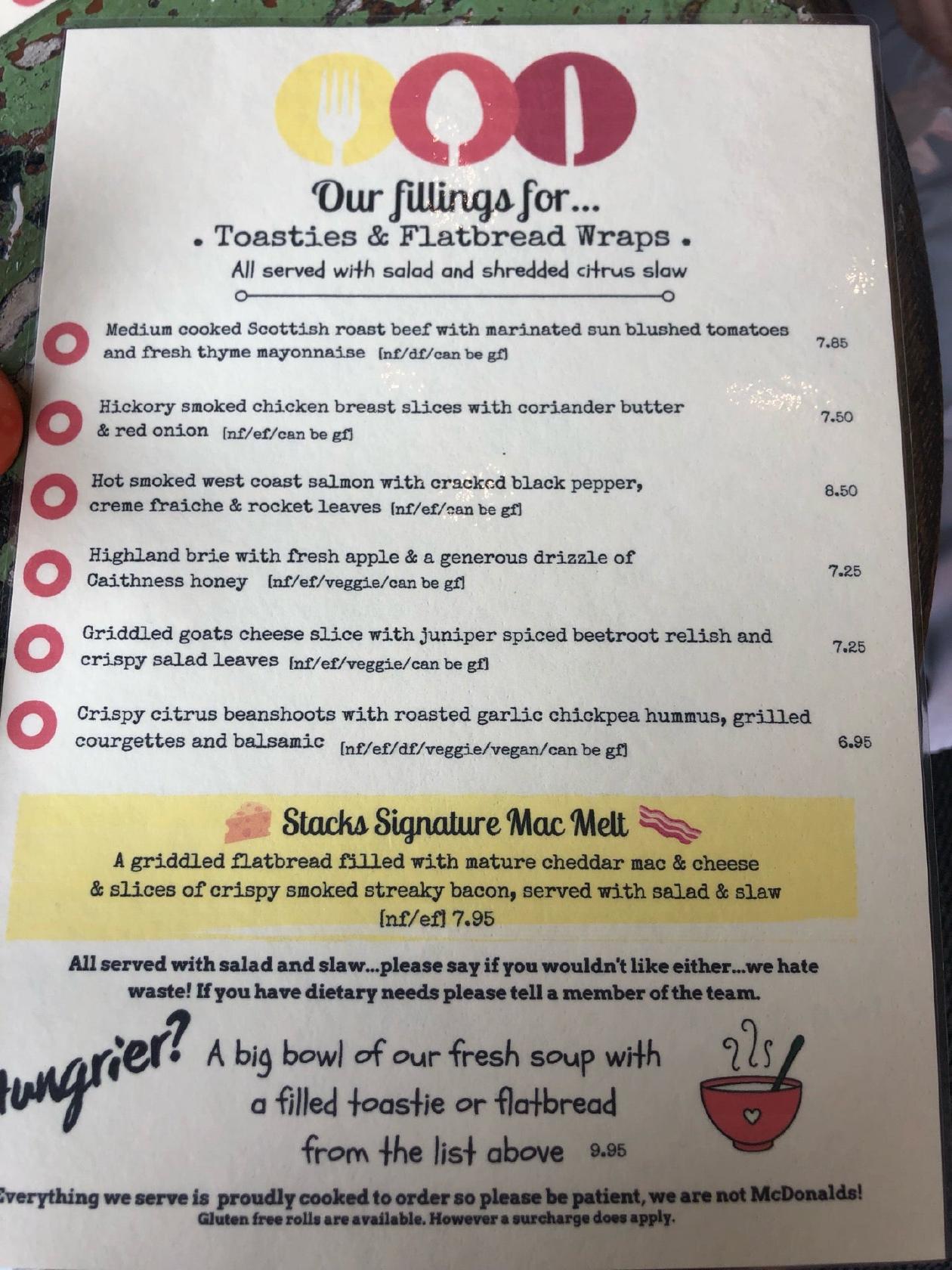 Menu at Stacks Deli, Bakery & Coffee House, John o' Groats