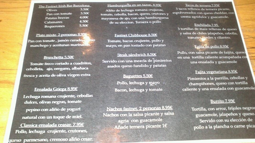 Menu at The Fastnet Pub, Barcelona