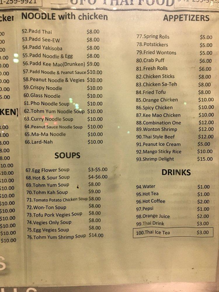 Menu at UFO Thai Food restaurant, Lebanon