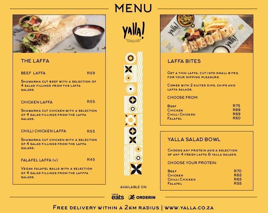 Carta del restaurante Yalla Authentic Middle Eastern Food, Johannesburgo