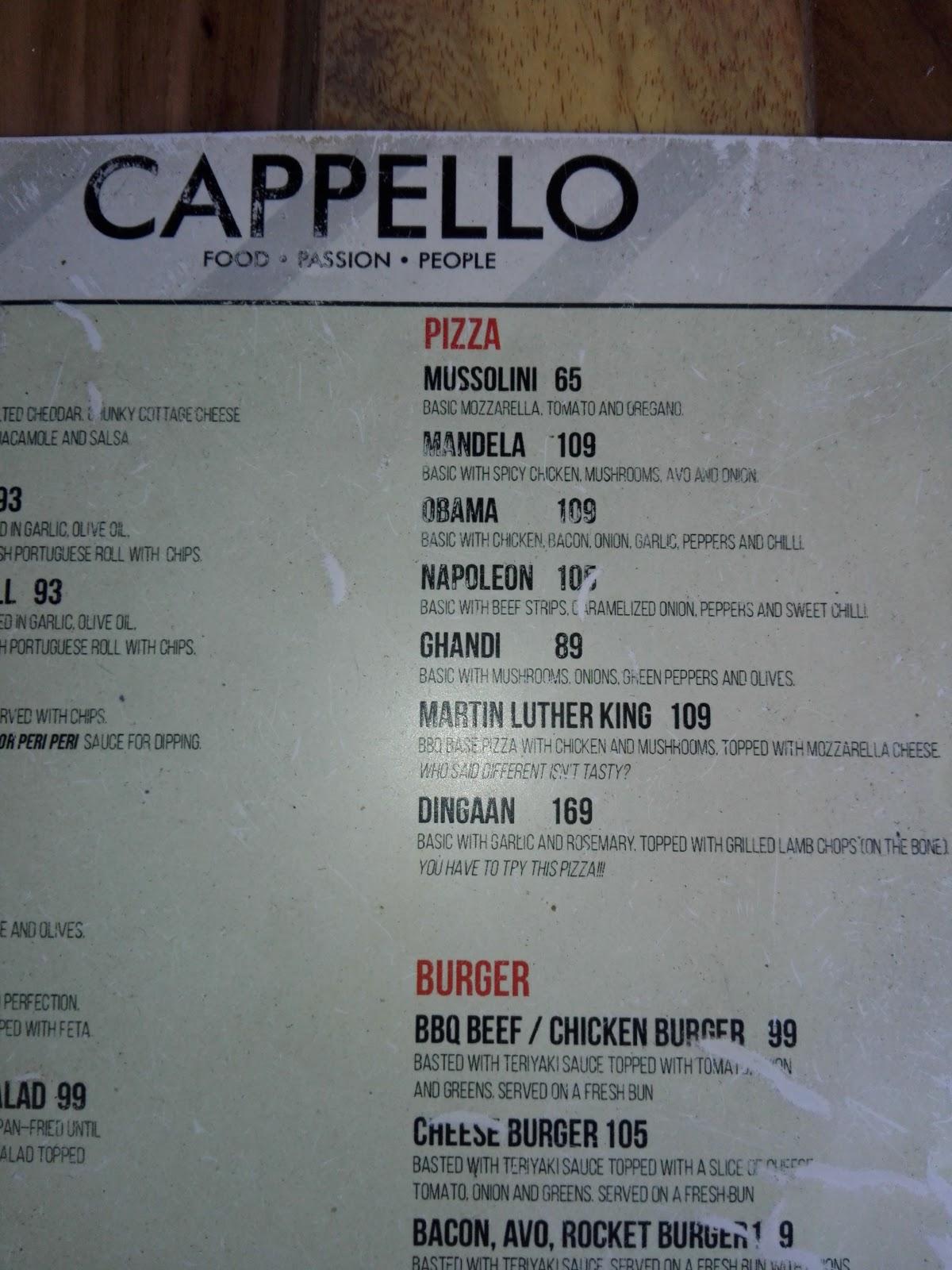 Menu at Cappello pub & bar, Cape Town, 204 Long St