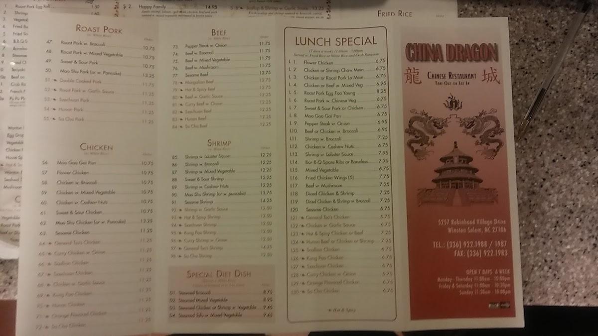 Menu at China Dragon restaurant, Winston-Salem