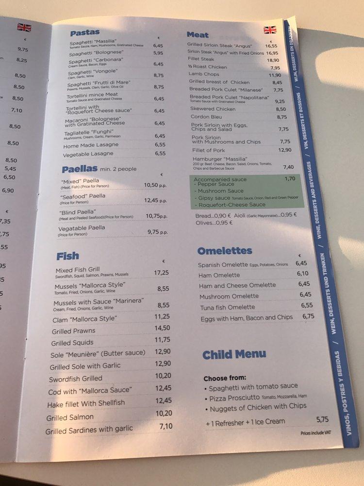 Menu at Massilia pub & bar, Can Pastilla