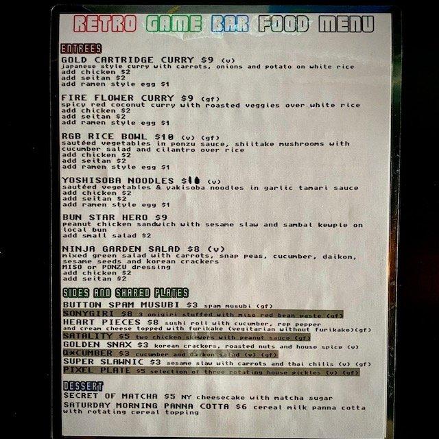 Menu at Retro Game Bar, Portland