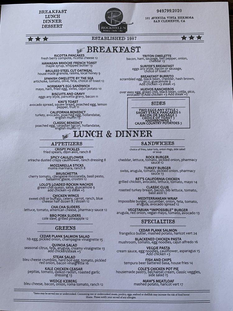 Menu at Rockwell's Bakery, San Clemente